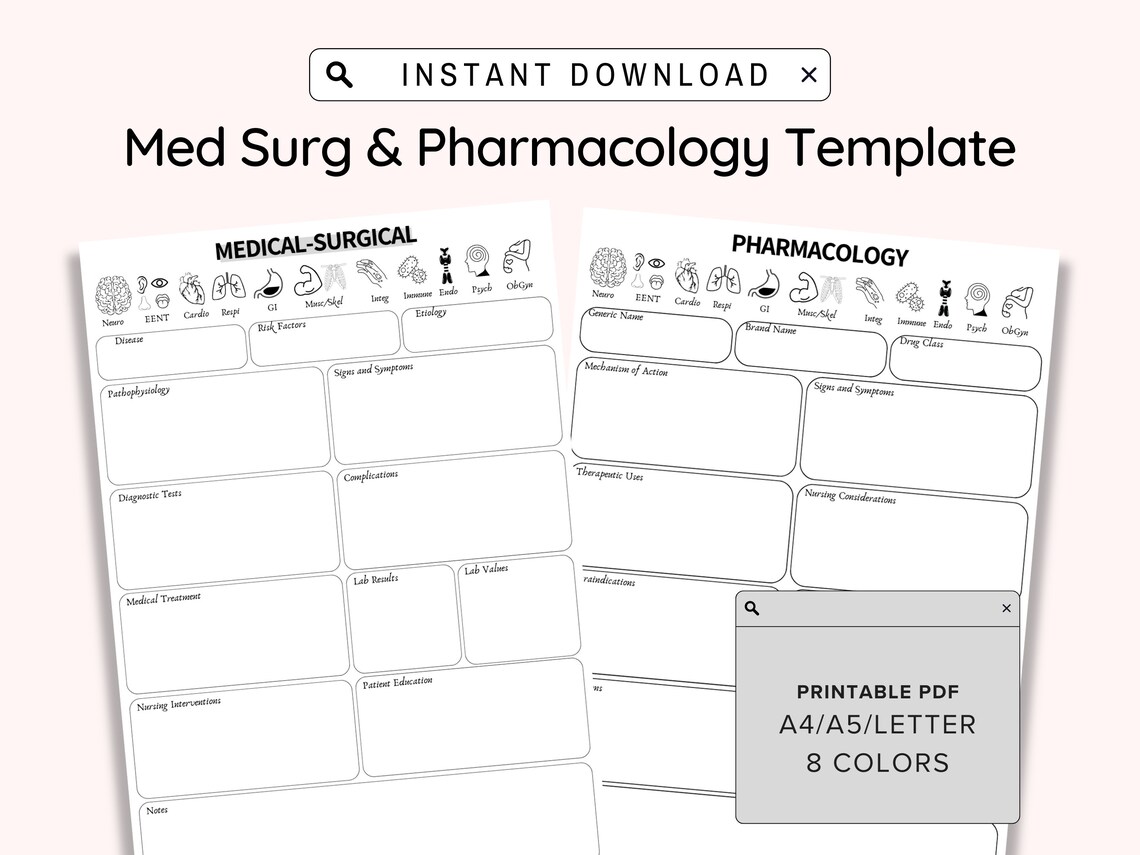 Nursing School Medical Surgical Template, Printable Pharmacology Guide ...