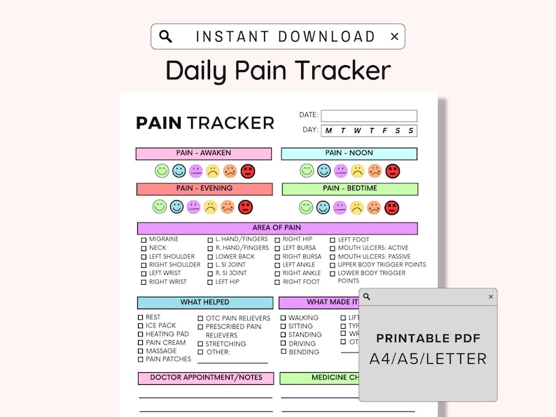 Daily Pain Tracker and Journal Printable, Chronic Pain Management, Pain ...