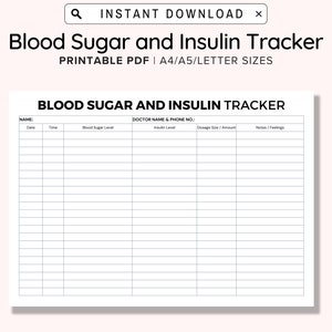Blood Sugar and Insulin Tracker Printable, Print and Write PDF, Blood ...