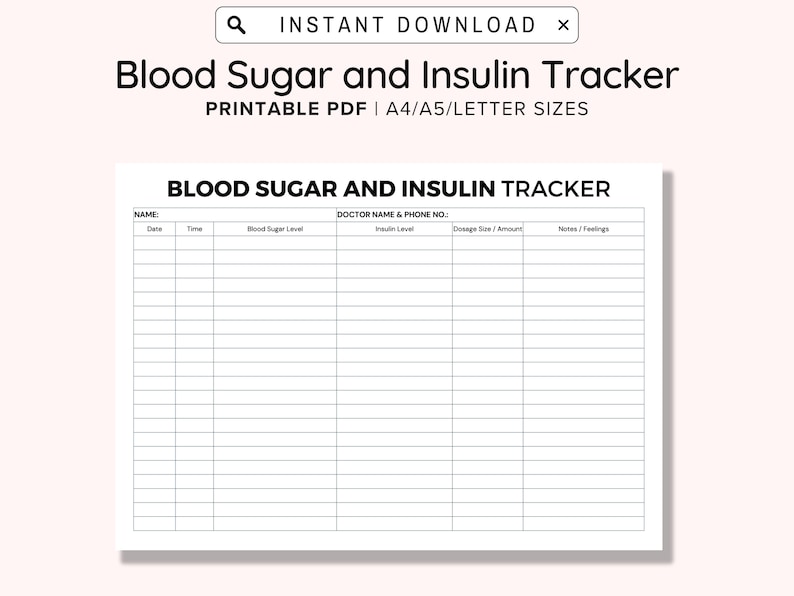 Blood Sugar and Insulin Tracker Printable, Print and Write PDF, Blood ...