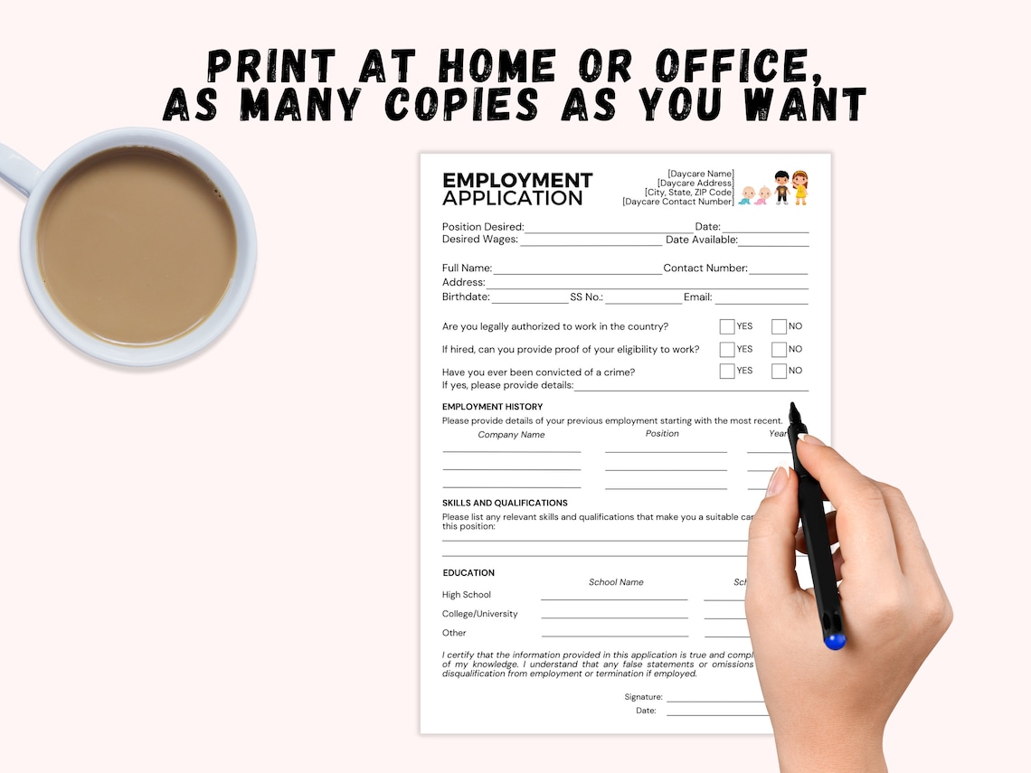 Daycare Employee Application Printable, Childcare Center Printable ...