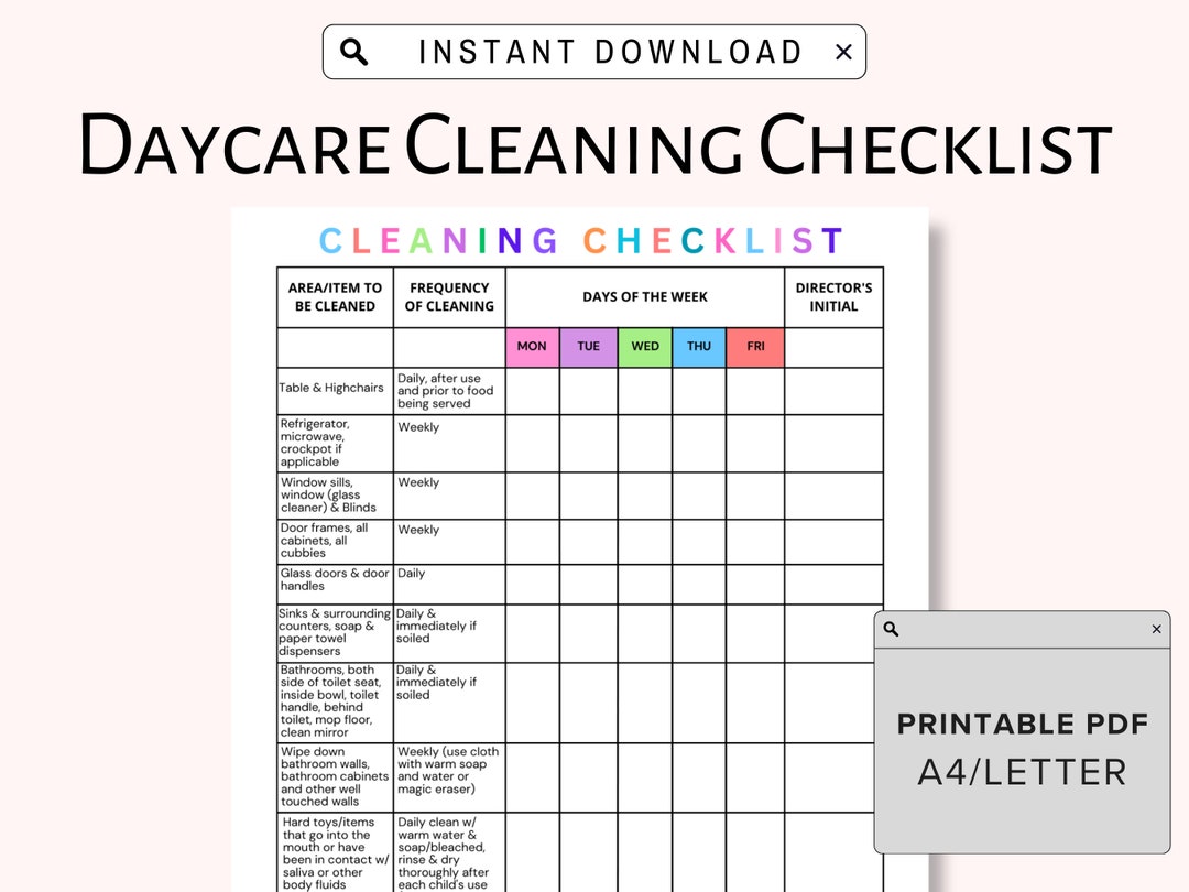 Daycare Cleaning Checklist, Childcare Cleaning Checklist, Daycare ...