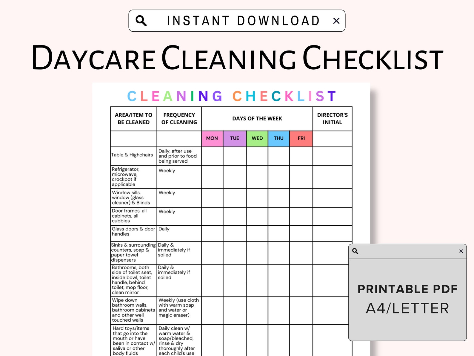 Daycare Cleaning Checklist, Childcare Cleaning Checklist, Daycare ...