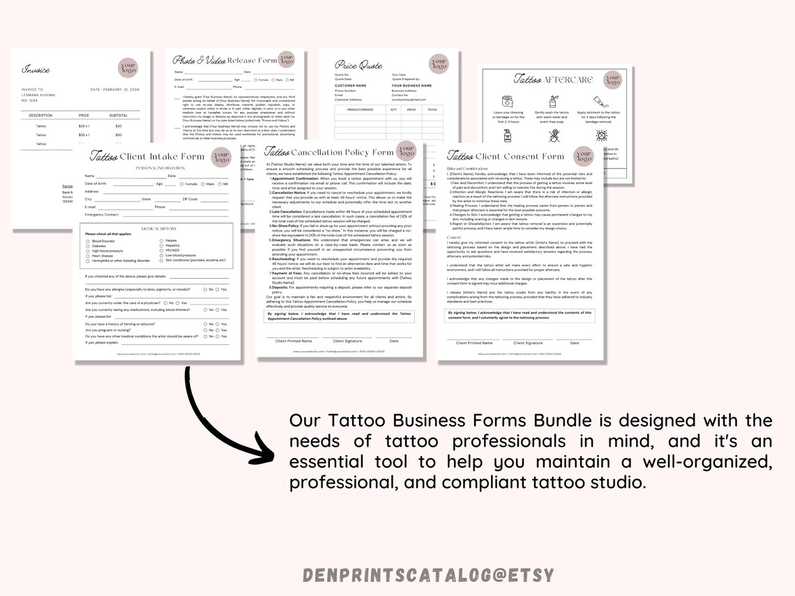 Editable Tattoo Artist Forms Bundle, Tattoo Consent Form, Tattoo Intake ...