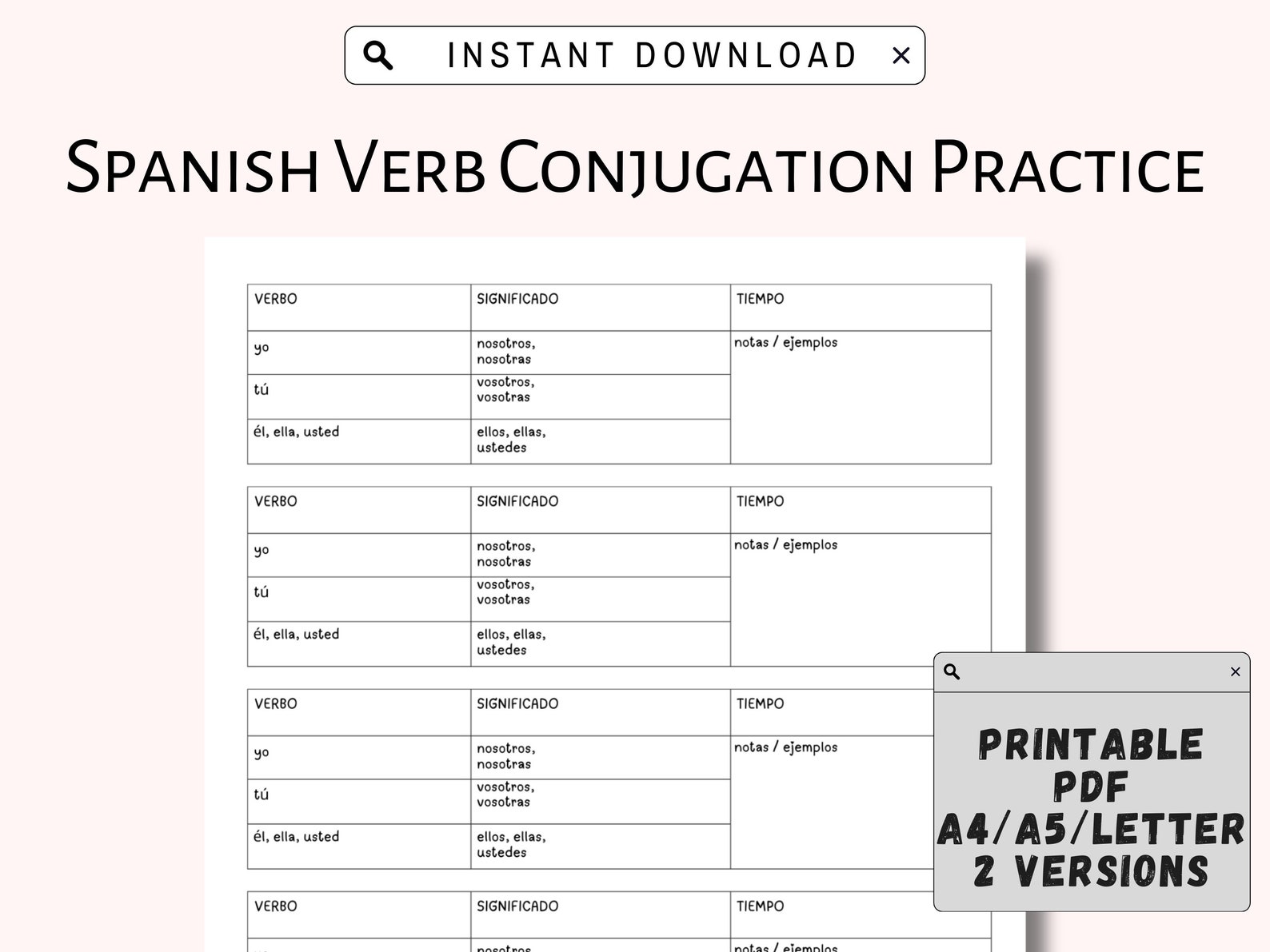 Spanish Verb Conjugation Practice Printable Tables Study Guide ...