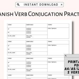 Spanish Verb Conjugation Practice Printable Tables Study Guide ...