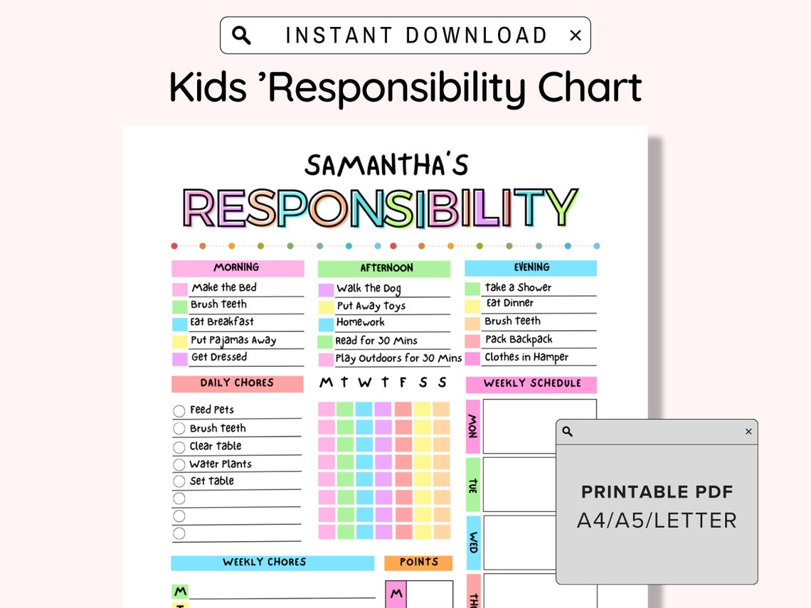 Responsibility Chore Chart for Kids Printable Kids Daily - Etsy