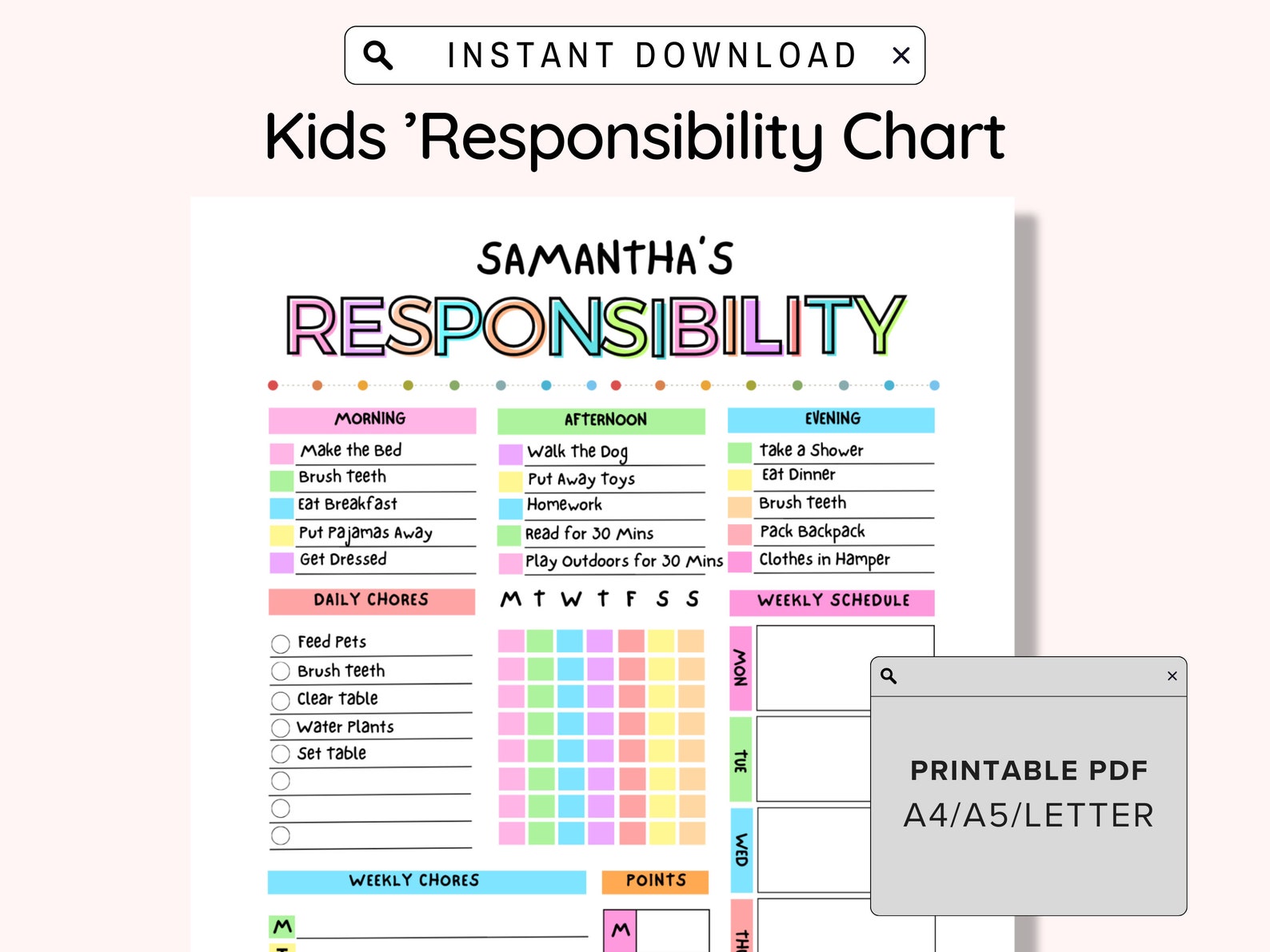 Responsibility Chore Chart for Kids Printable, Kids Daily Weekly ...
