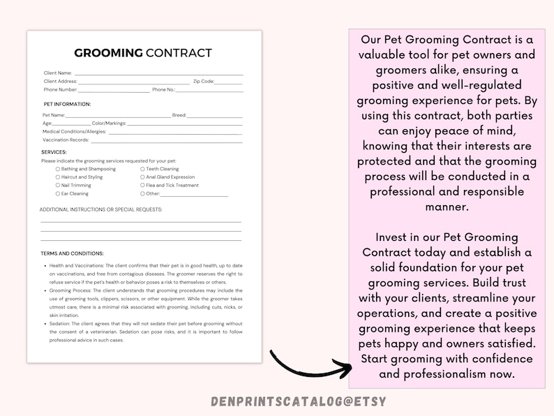 Pet Grooming Contract Printable, Pet Client Grooming Agreement, Dog Cat ...