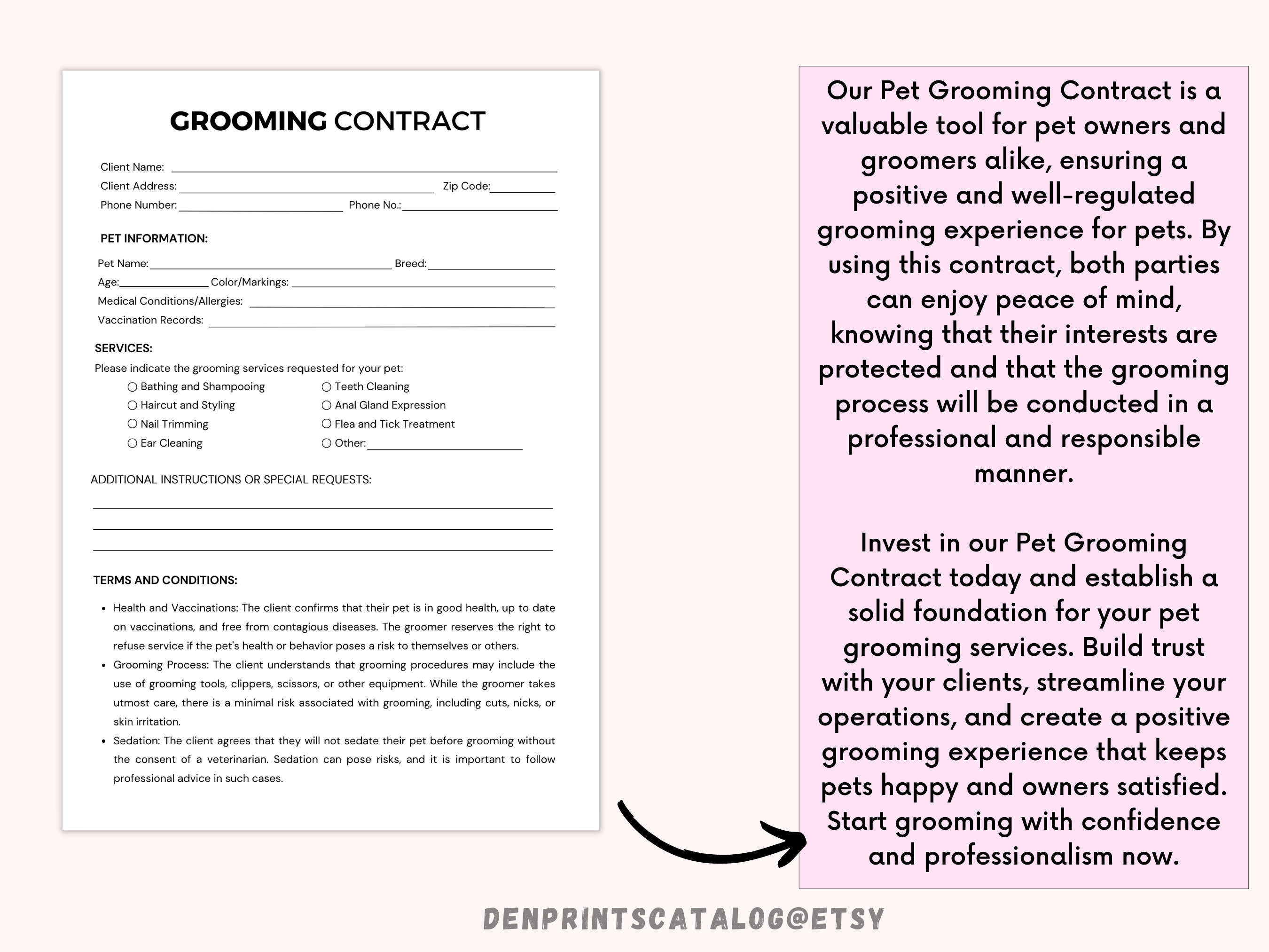 Pet Grooming Contract Printable, Pet Client Grooming Agreement, Dog Cat ...