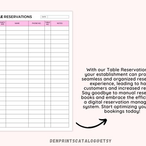 Printable Table Reservation List, Restaurant Table Reservation Form ...