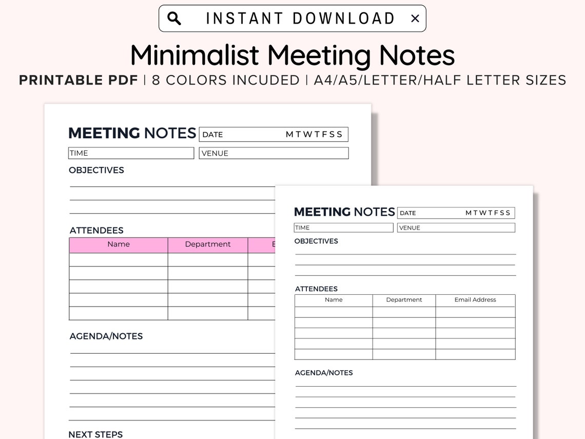 Meeting Notes Template Printable, Meeting Minutes, Meeting Agenda ...
