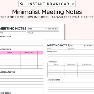 Meeting Notes Template Printable, Meeting Minutes, Meeting Agenda ...
