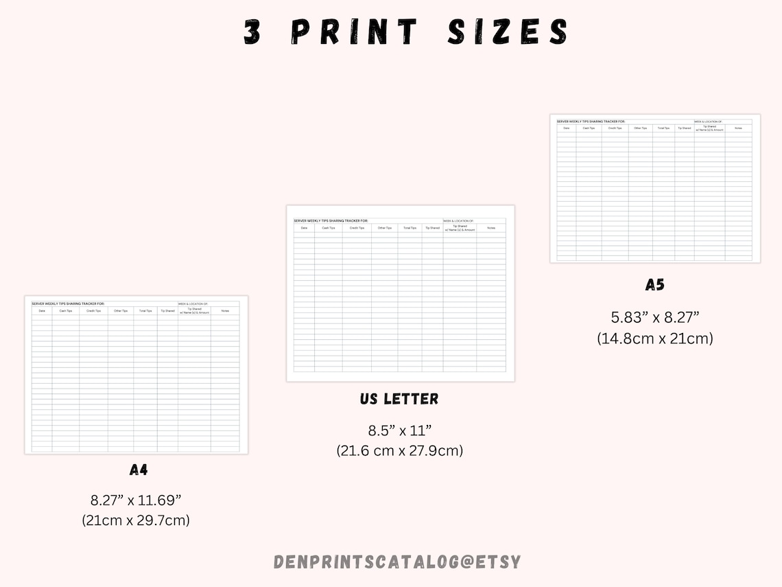 Server Tips Tracker Sheet Printable, for Tip Sharing Weekly Breakdown ...