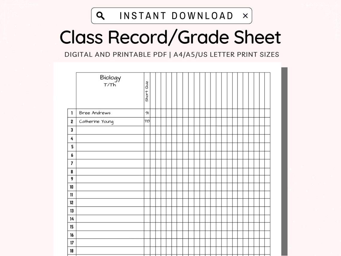 Printable Class Record, Grade Sheet, Class Gradebook, Teacher Gradebook ...