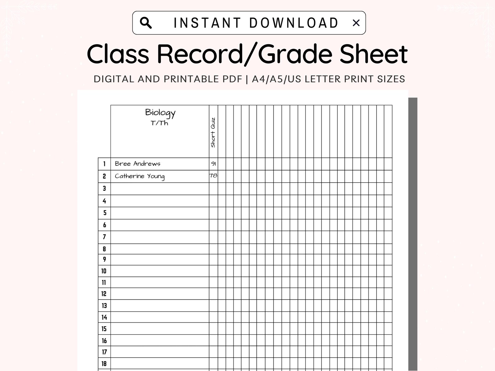 Printable Class Record Grade Sheet Class Gradebook Teacher Etsy