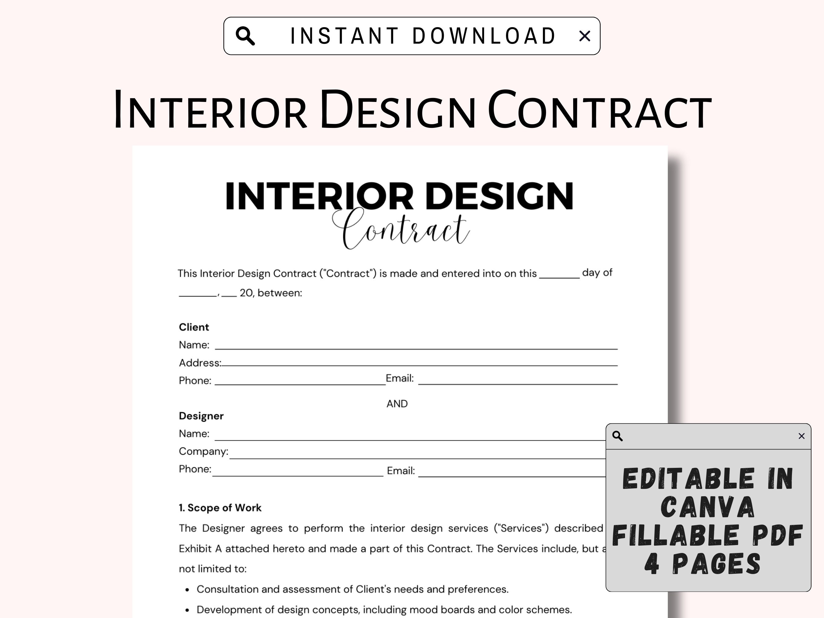 Fillable PDF Interior Designer Client Contract, Editable in Canva ...