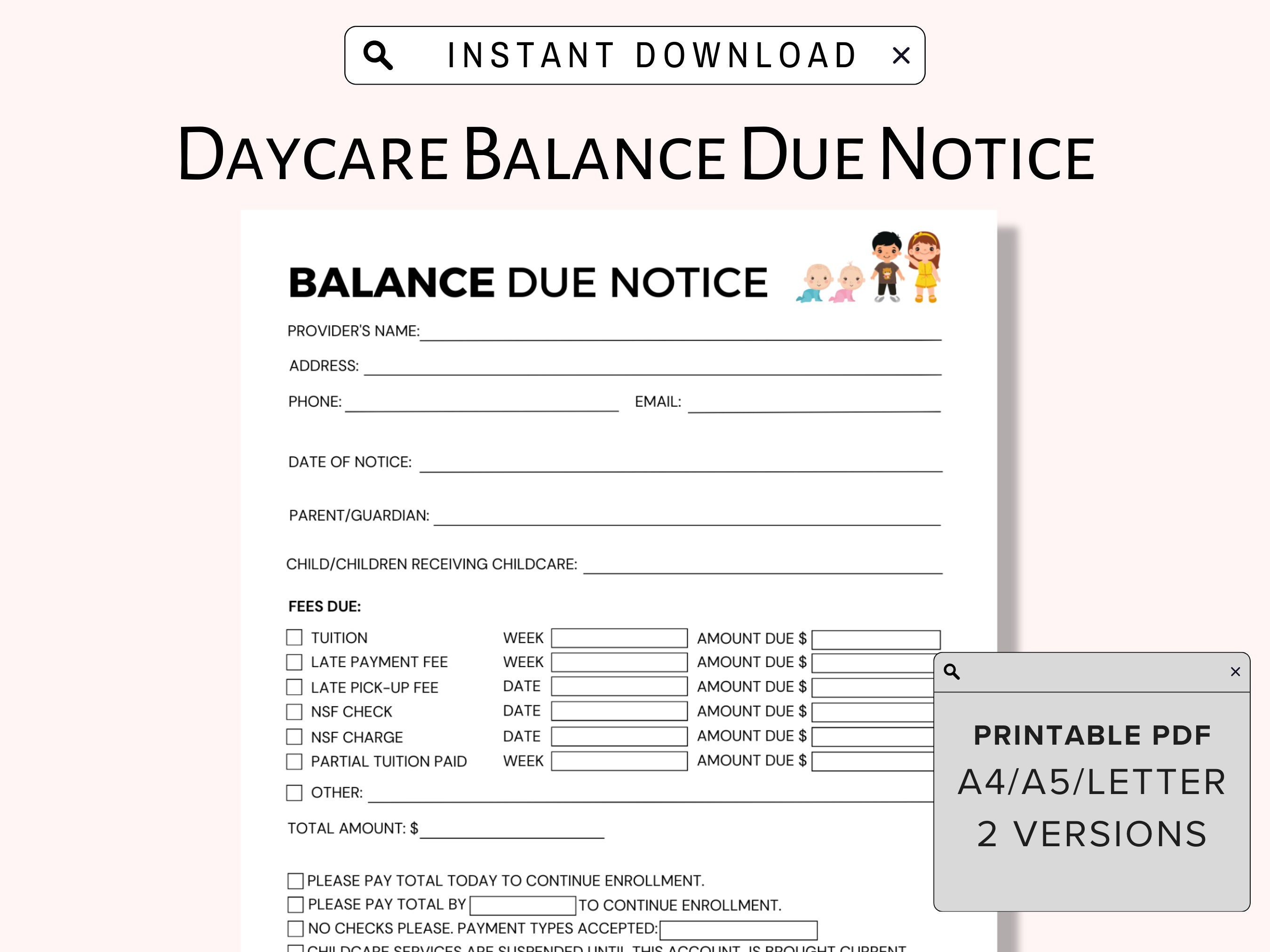 DAYCARE Balance Due Childcare Center Late Payment Notice, Past Due ...