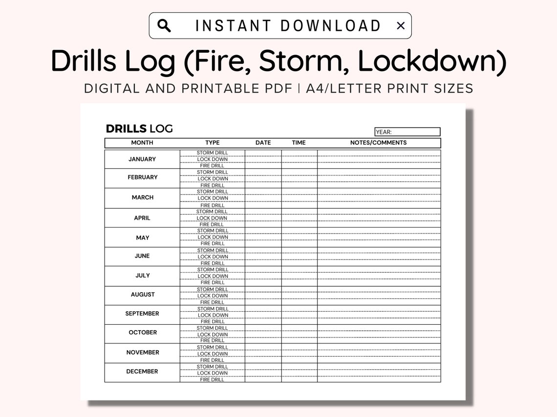 Disaster Drill Record for School, School Teacher Forms, Drills Log ...