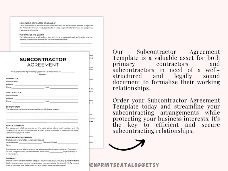 Fillable Subcontractor Agreement, Editable Subcontractor Contract Form ...