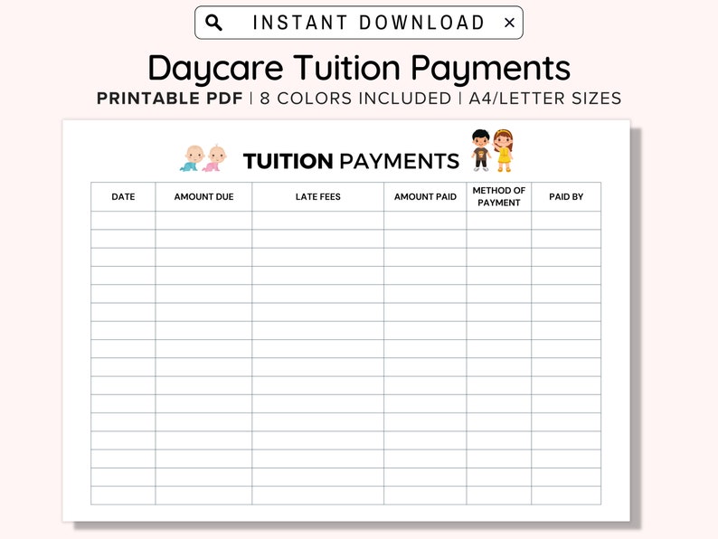 Daycare Tuition Payments Printable, Daycare Tuition Reports, Daycare ...