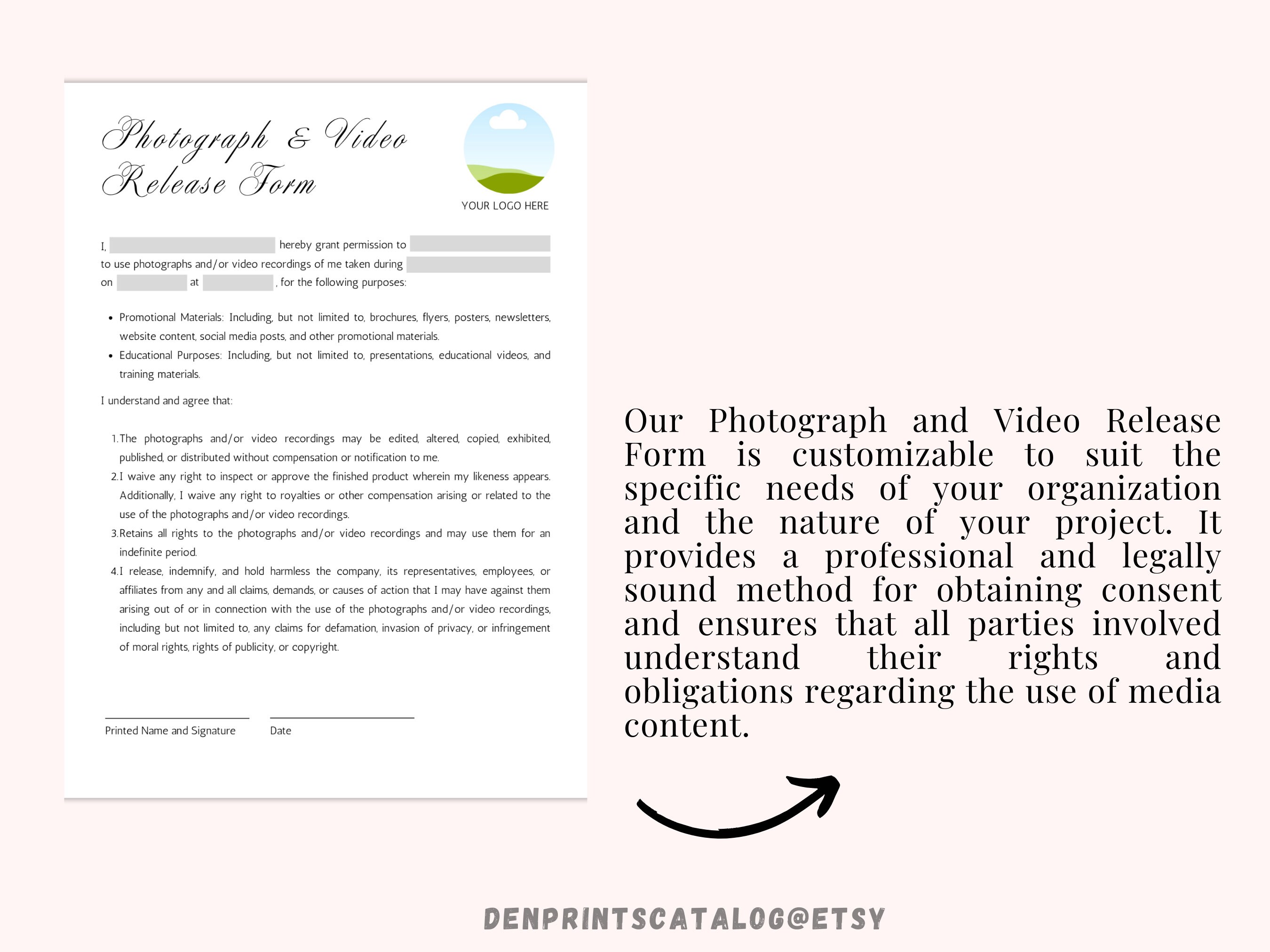 Template for Photo Release Form, Editable Video Release Form, Business ...