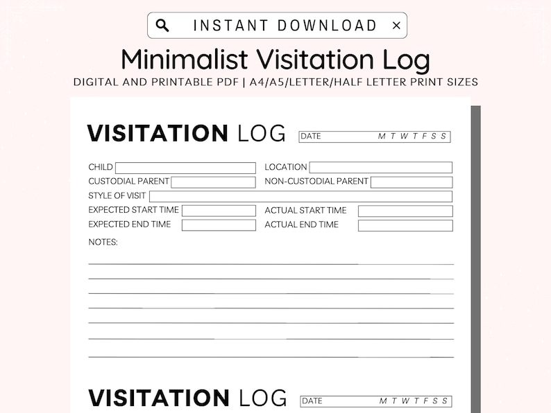 Visitation Log Printable, Child Care Log, Child Visits Tracker ...