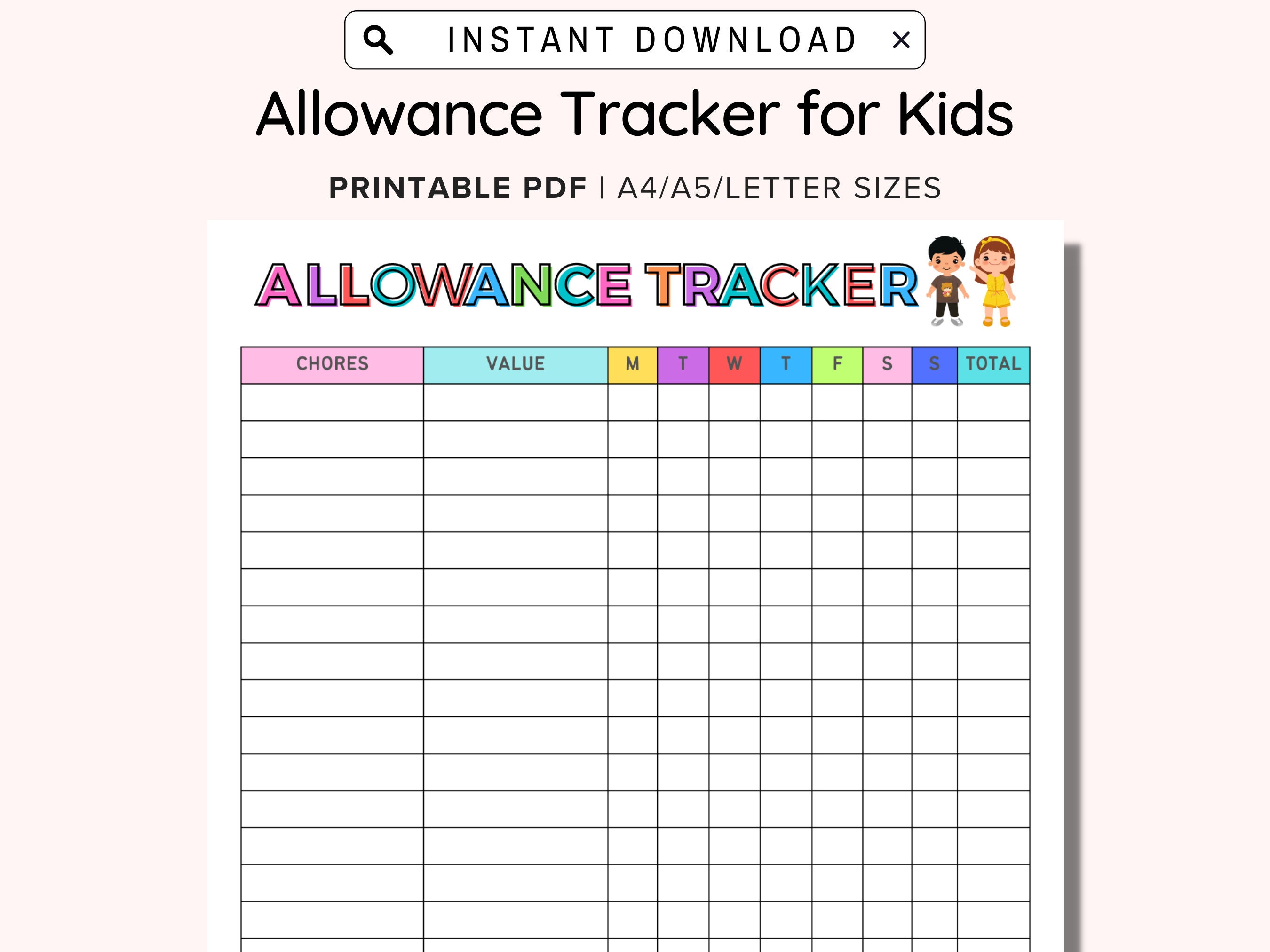 Allowance Tracker for Kids,printable Allowance Chore Chart,daily Weekly ...