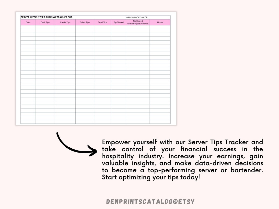 Server Tips Tracker Sheet Printable, for Tip Sharing Weekly Breakdown ...