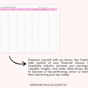 Server Tips Tracker Sheet Printable, for Tip Sharing Weekly Breakdown PDF Digital Download A4/a5 ...