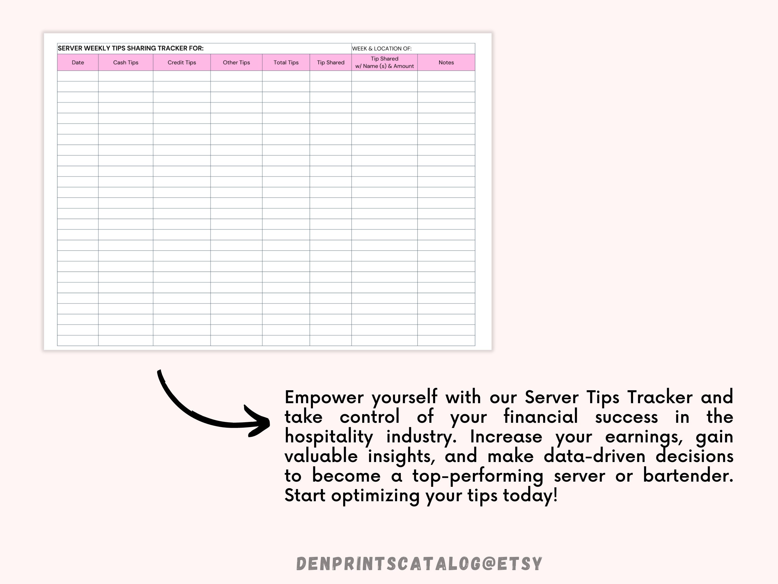 Server Tips Tracker Sheet Printable, for Tip Sharing Weekly Breakdown ... Server Tips Tracker Sheet Printable, for Tip Sharing Weekly Breakdown ...