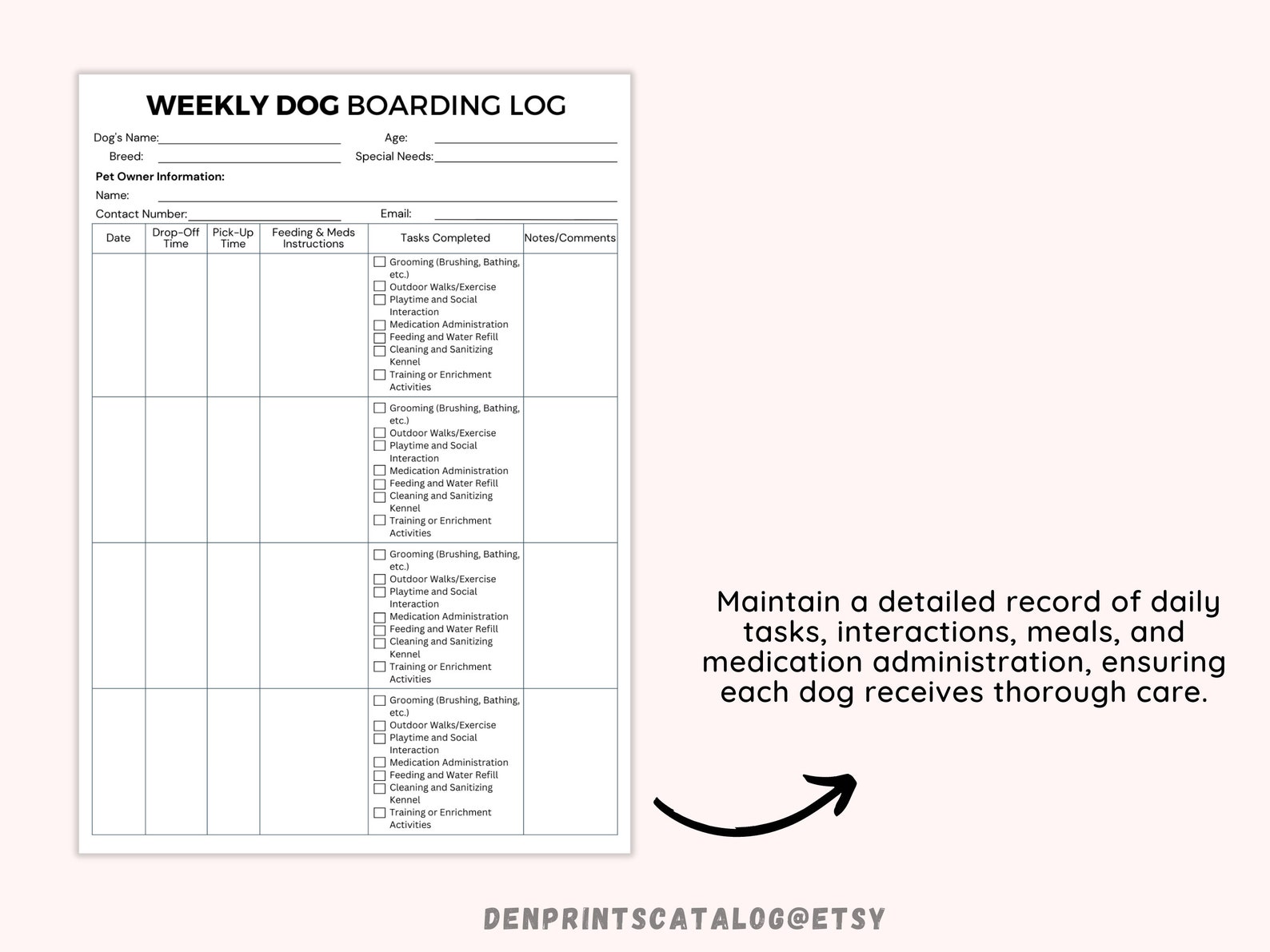 Essential Weekly Dog Boarding Log Printable, for a Kennel or Home ...