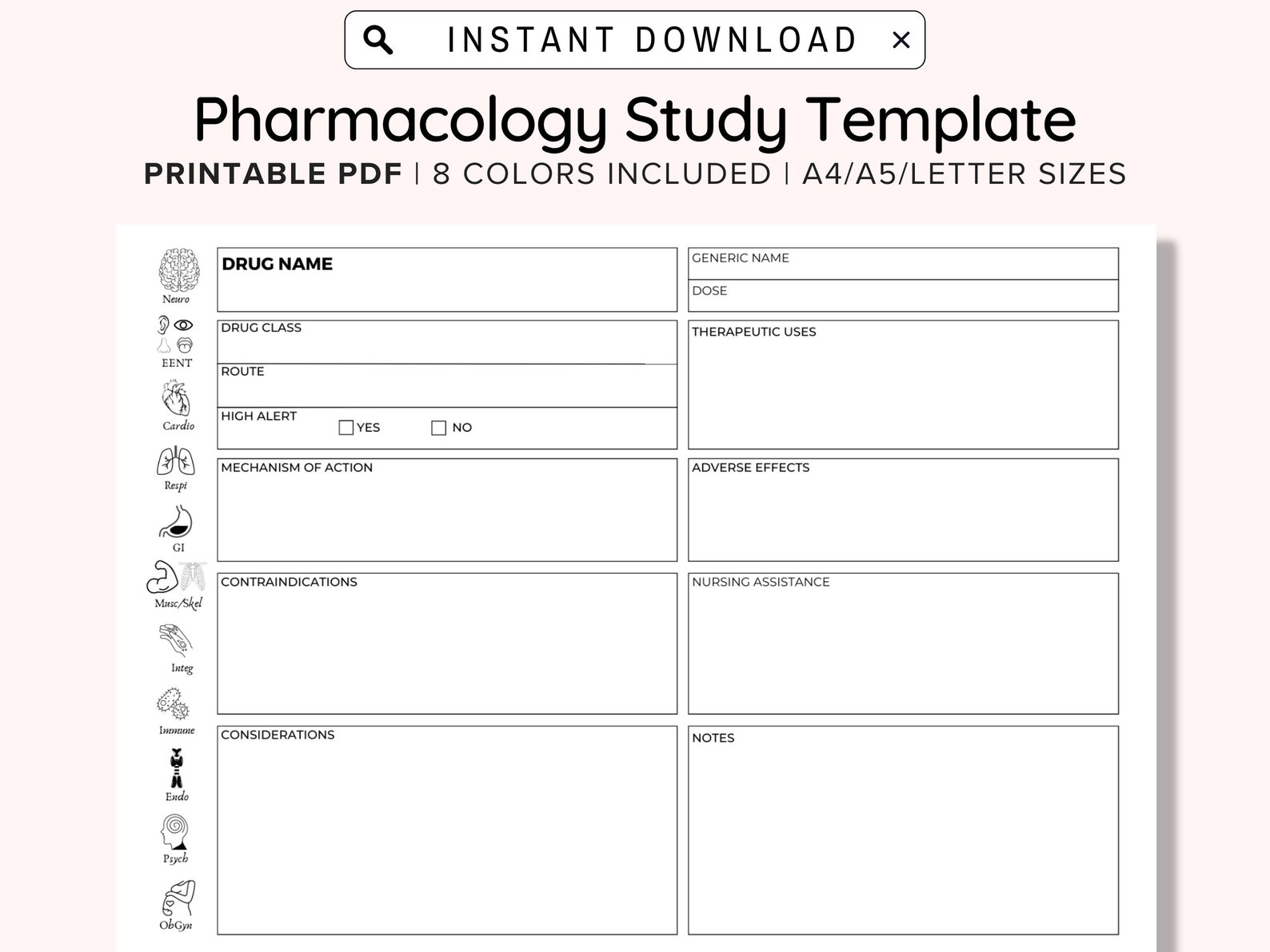 Pharmacology Template Printable, Editable Nursing School Pharmacology ...