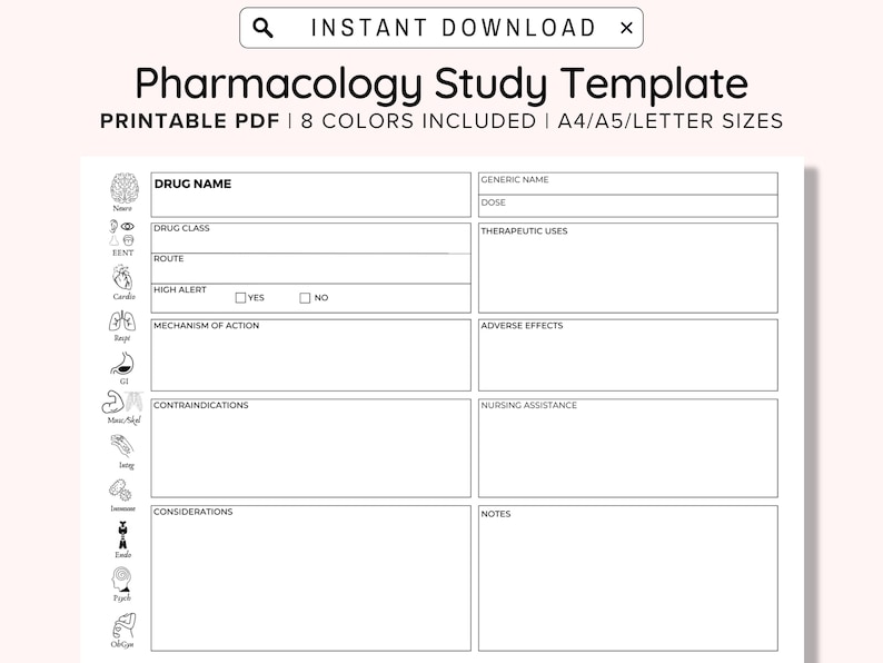 Pharmacology Template Printable, Editable Nursing School Pharmacology ...