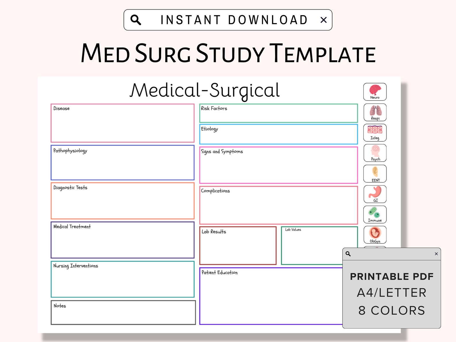 Med Surg Study Template Printable, Pathophysiology Template, Medical Surgical Nursing, Disease ...