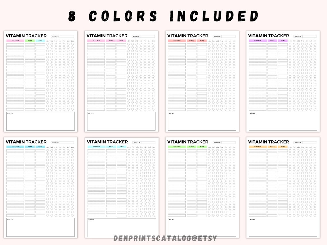 Daily Vitamin Checklist, Vitamin Tracker, Weekly Supplement Checklist ...