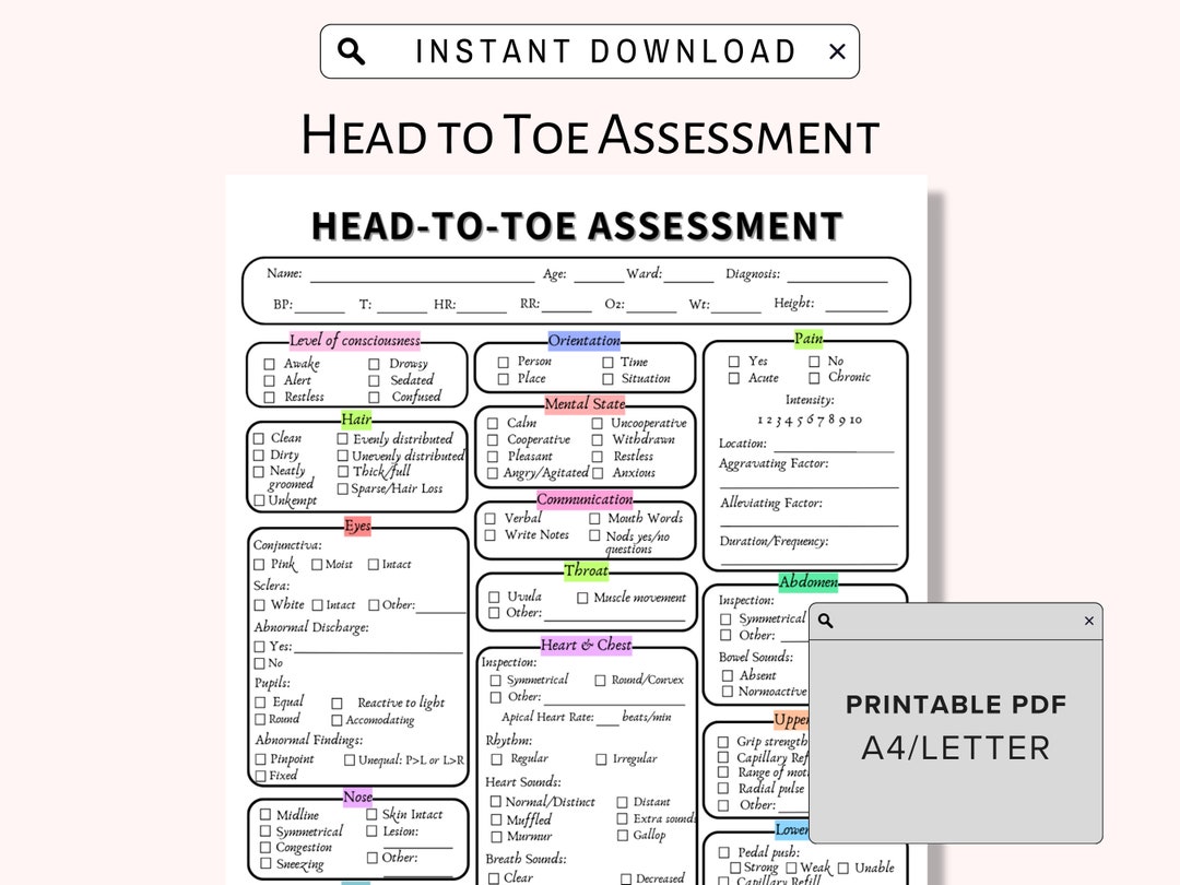Head-to-toe Assessment Template With Cranial Nerves Assessment, Step-by-step Guide, Nursing ...