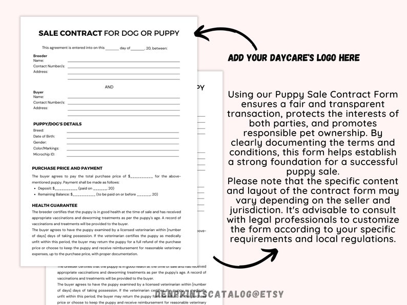 Puppy Sales Contract Pritable, Puppy Deposit Contract, Puppy Sale ...