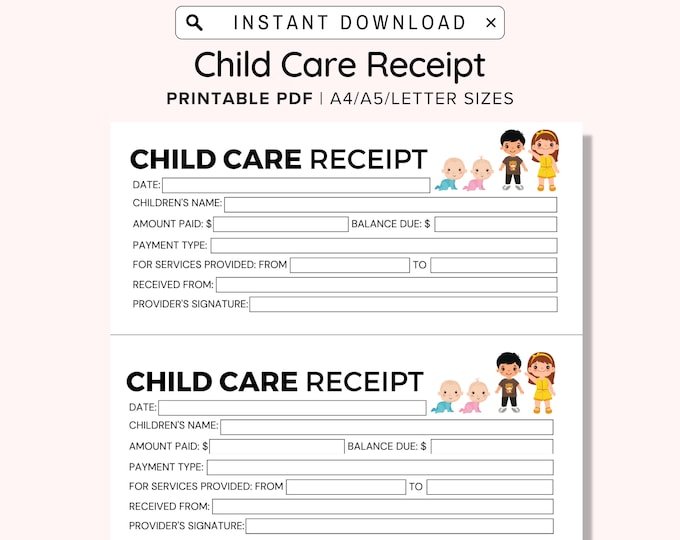 Daycare Receipt Printable, Printable Payment Receipt for Child Care ...