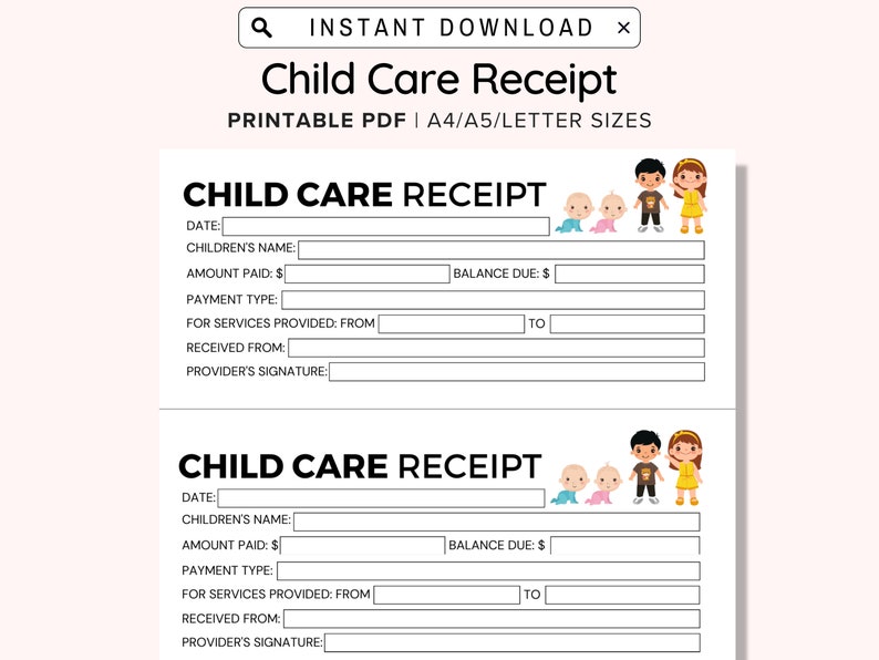 Daycare Receipt Printable, Printable Payment Receipt for Child Care ...