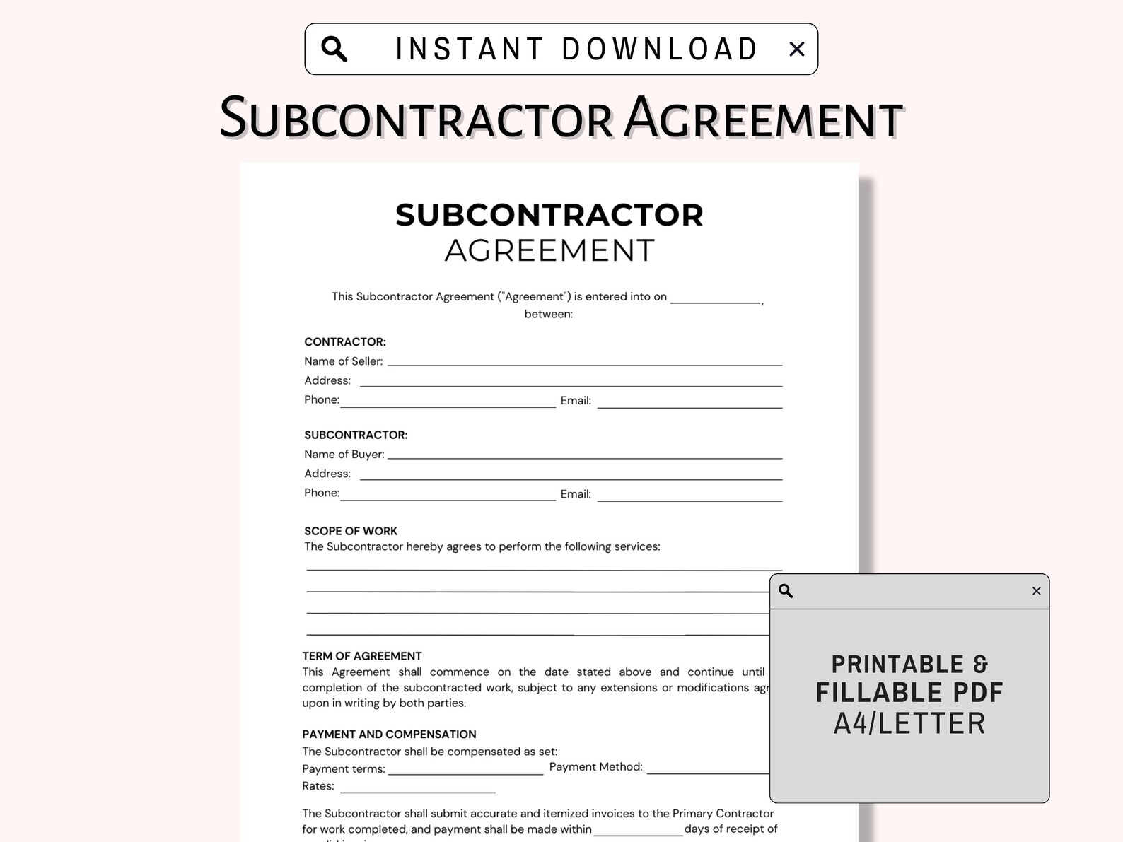 Fillable Subcontractor Agreement, Editable Subcontractor Contract Form ...