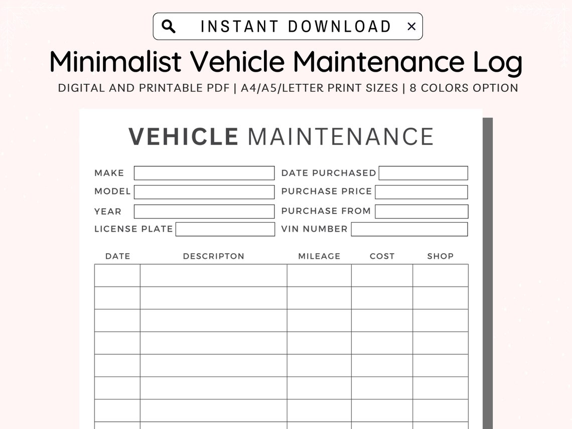 Vehicle Maintenance Log Printable, Vehicle Service Tracker, Vehicle ...