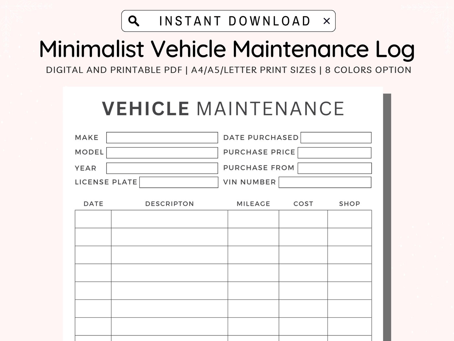 Vehicle Maintenance Log Printable, Vehicle Service Tracker, Vehicle ...