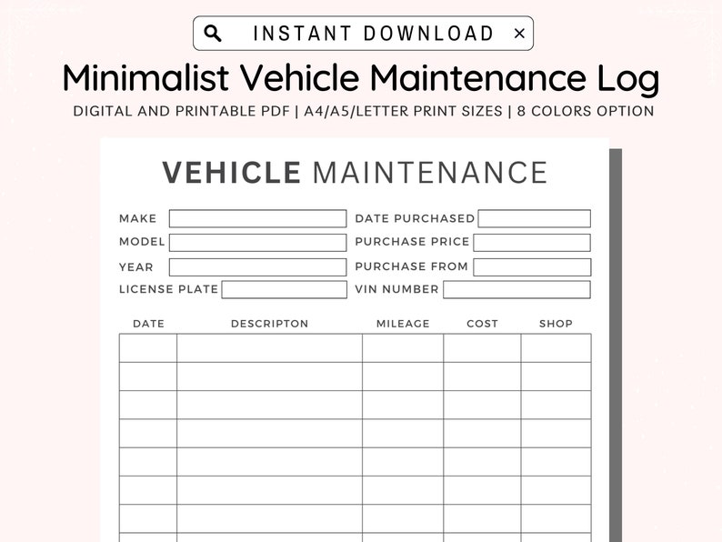 Vehicle Maintenance Log Printable, Vehicle Service Tracker, Vehicle ...