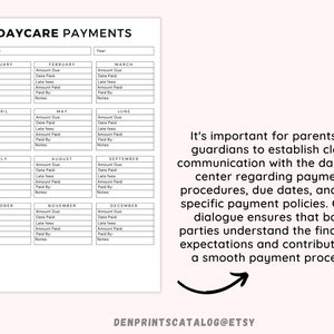 Daycare Payments Log Printable, Daycare Payments, Daycare Tuition ...