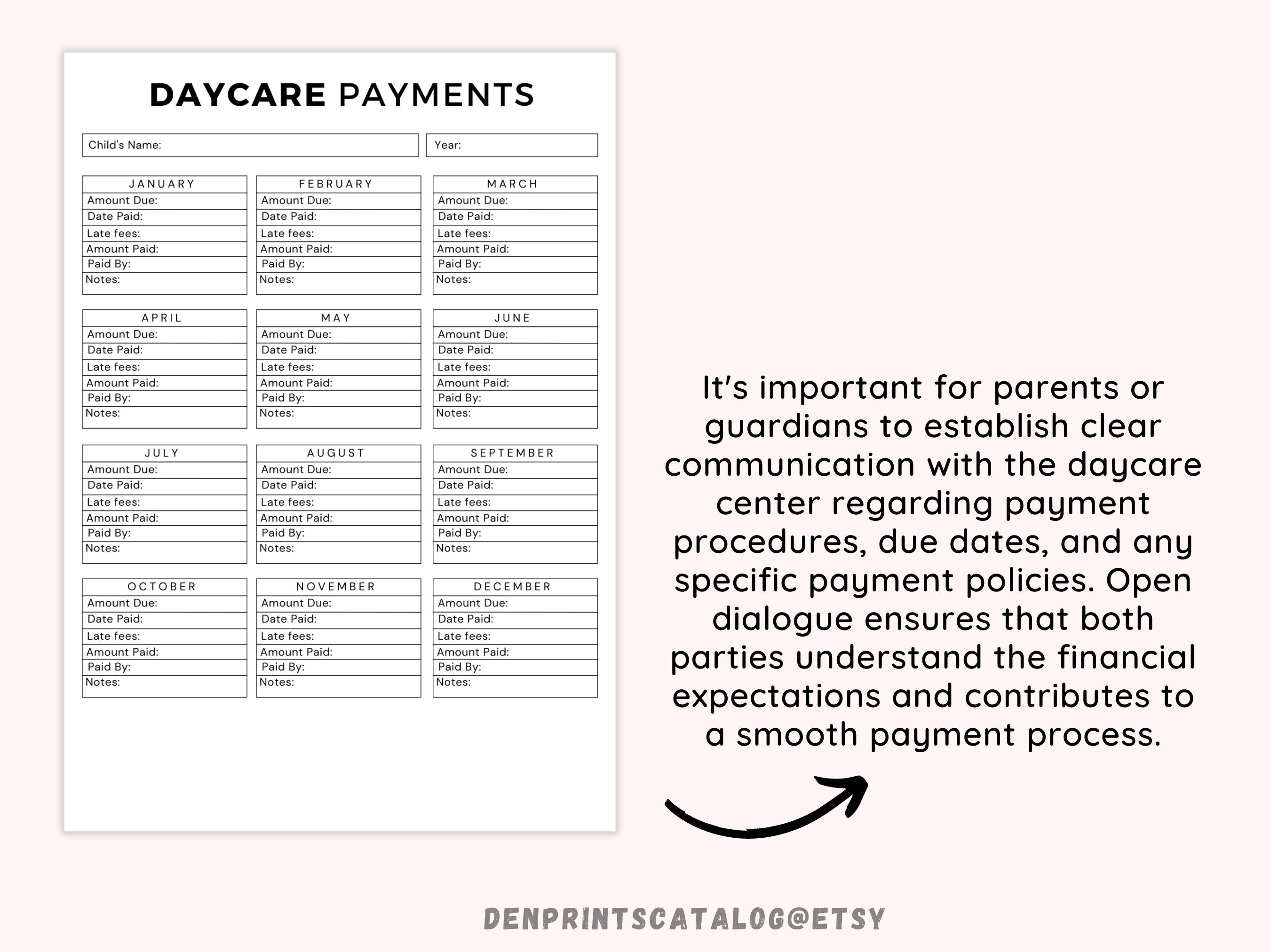 Daycare Payments Log Printable, Daycare Payments, Daycare Tuition ...