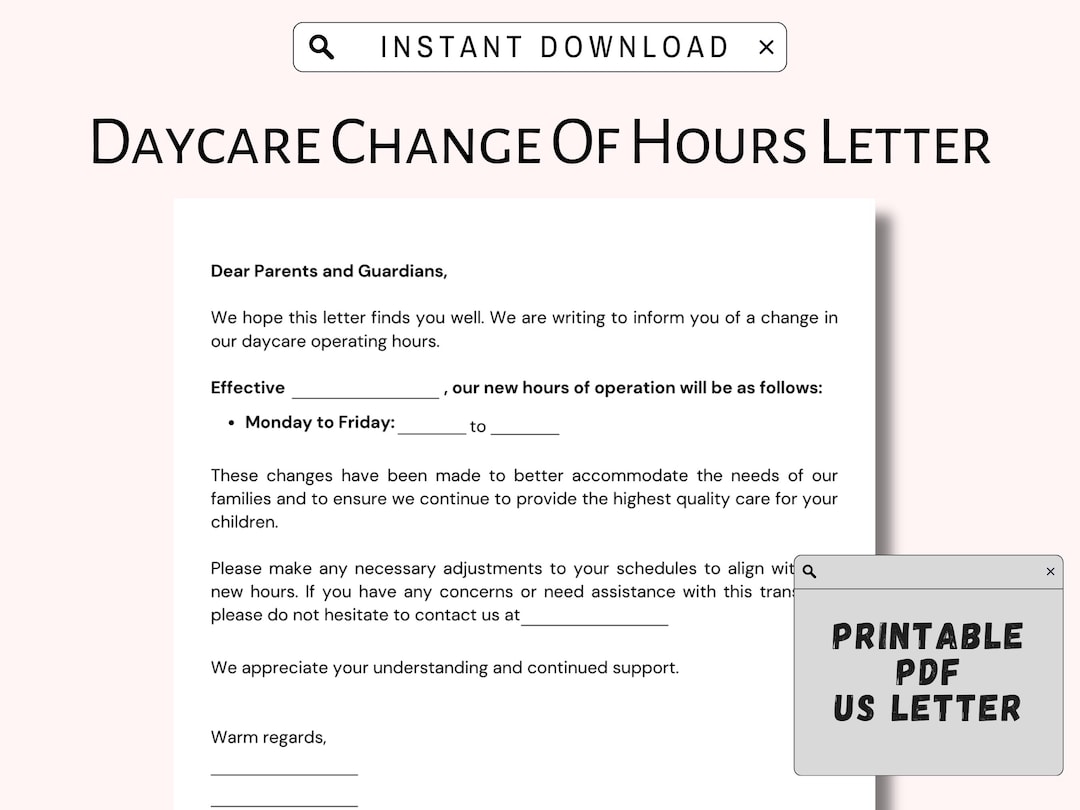 Fillable Daycare Change of Hours Letter, Printable Change of Hours ...