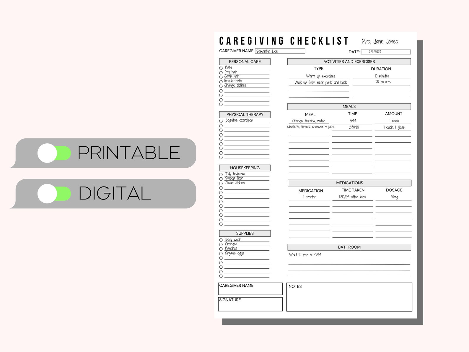 Caregiver Daily Tasks Printable, Caregiving Checklist, Elderly Care ...
