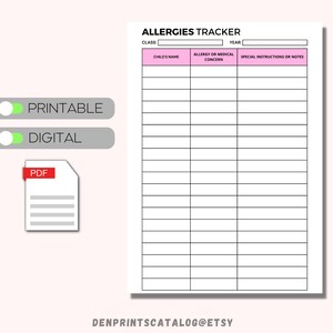 Daycare Allergy Tracker Printable, Chart Allergy Events Symptoms ...