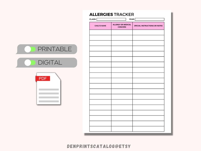 Daycare Allergy Tracker Printable, Chart Allergy Events Symptoms ...